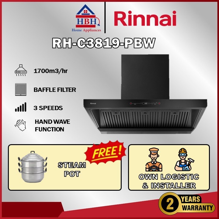 (FREE GIFT + SHIPPING) Rinnai 90cm RH-C3819-PBW 1700m3/hrs 3 Speed+Booster LED Chimney Cooker ...