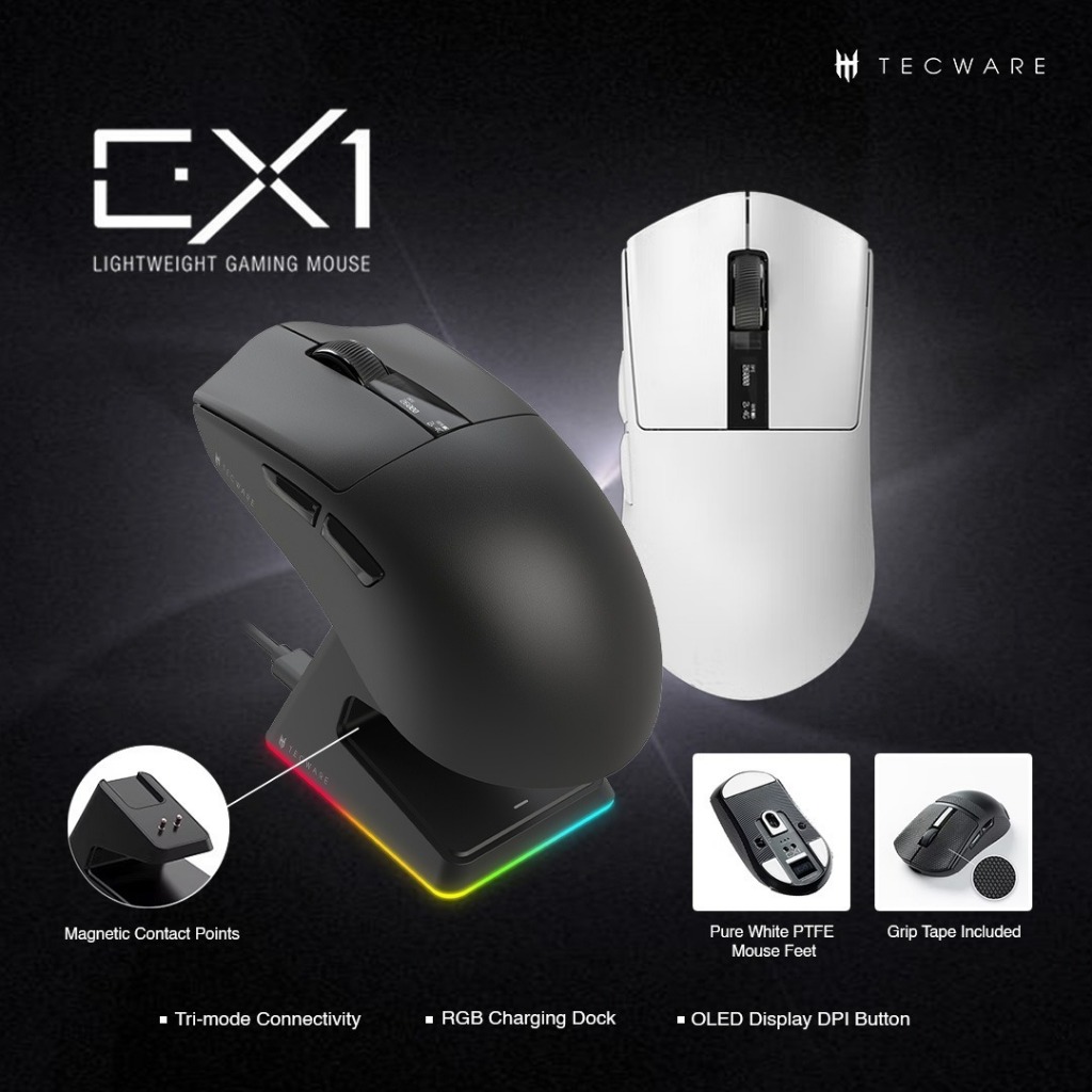 # TECWARE EX1 - Lightweight Tri-Mode Wireless Gaming Mouse With OLED Display & RGB Charging Dock ...