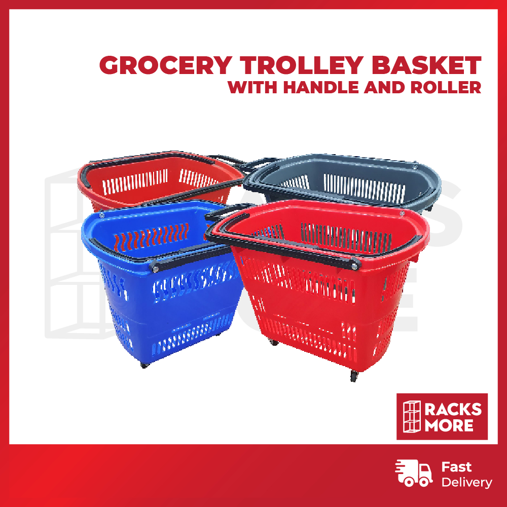 Grocery Basket Handle with Roller Shopping Basket Trolley Basket ...