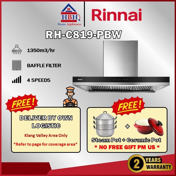 (FREE SHIPPING) Rinnai 90cm RH-C819-GB 1350m3/hr LED Touch Chimney ...