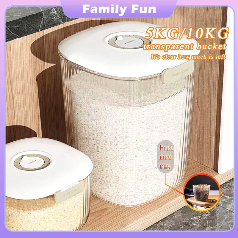Family Fun 5/10Kg Airtight Rice Storage Box Rice Bucket Rice Dispenser ...
