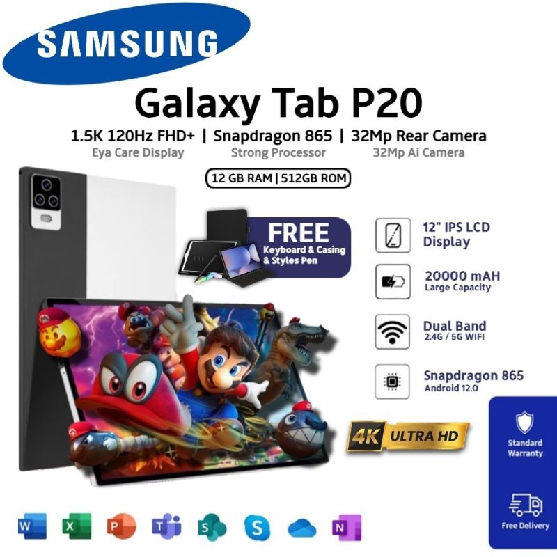 5G Tablet Samsung Galaxy P20 12 Inch Tablet 12GB+512GB Learning Tablet for Online Classroom ...