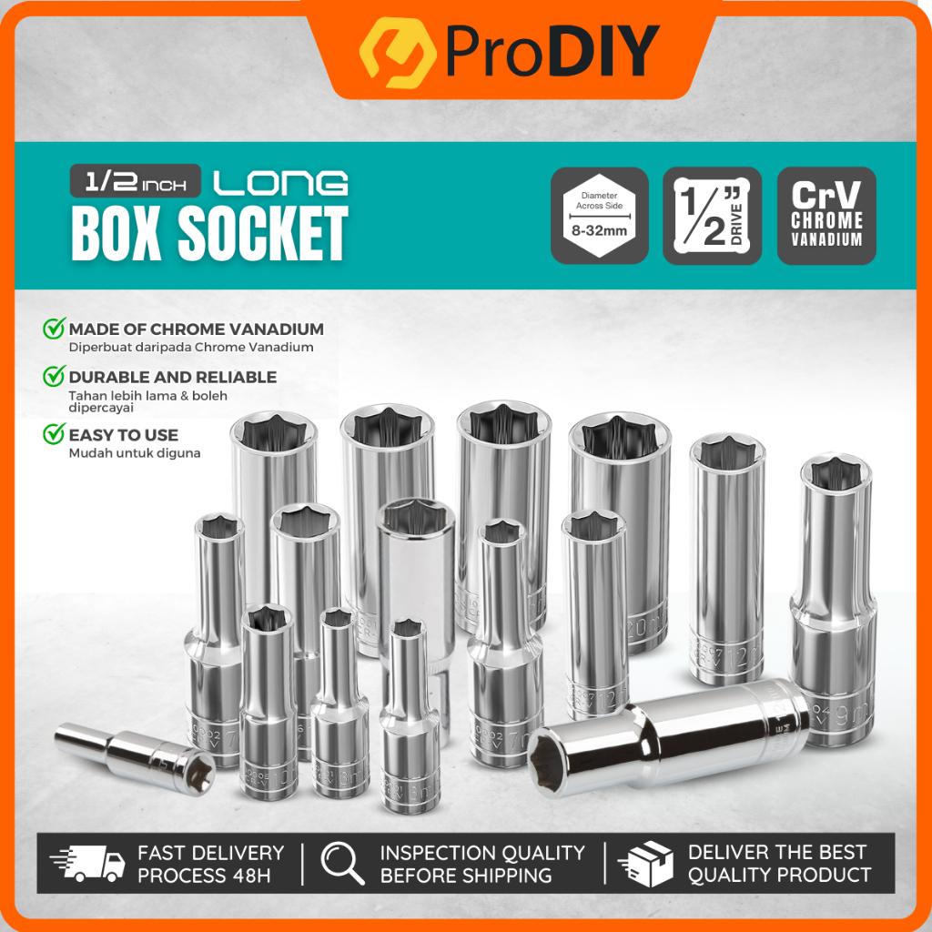 1/2" Inch CR-V Deep Long Box Socket Impact Socket 6/12 Points Heavy ...