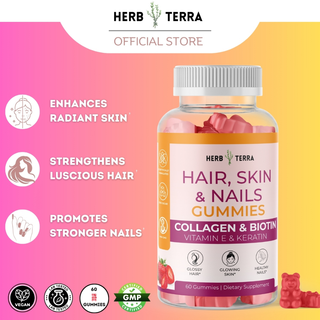Herb Terra Hair, Skin & Nail Health Strawberry Gummies with Biotin and Collagen, Women's Dietary ...