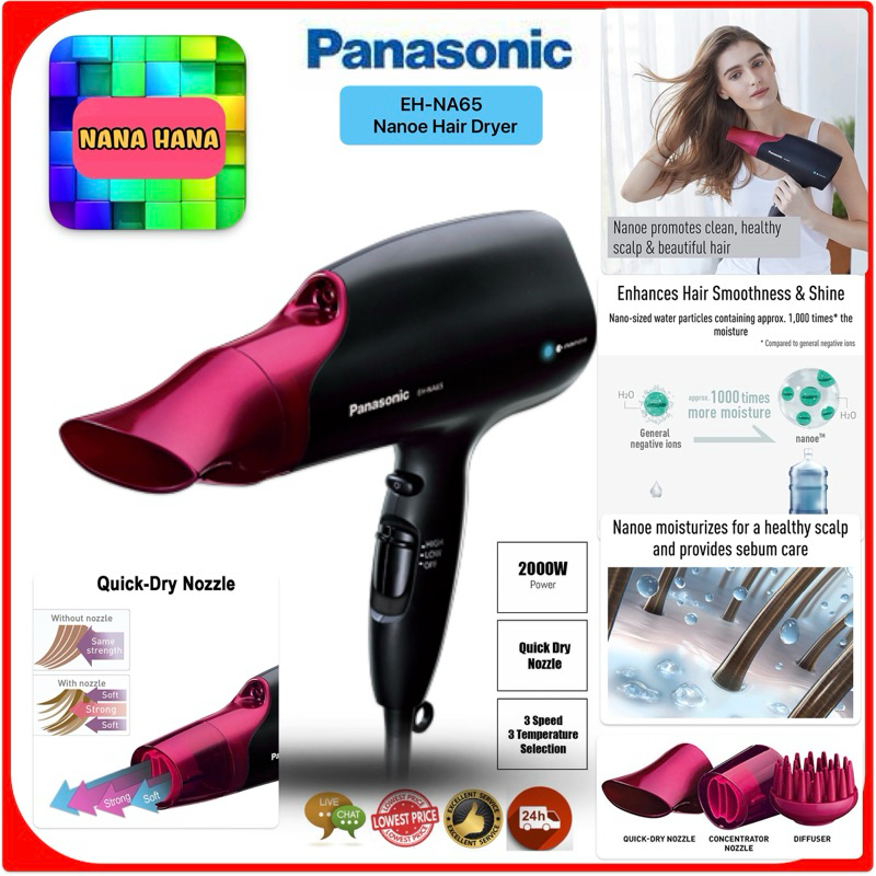 Panasonic 2000W EH-NA65 Nanoe Hair Dryer with Multiple Attachments ...