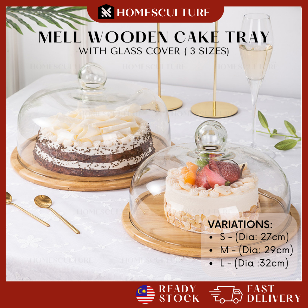 MELL Wooden Cake Desert Tray Plate with Glass Cover Bamboo Cakes ...