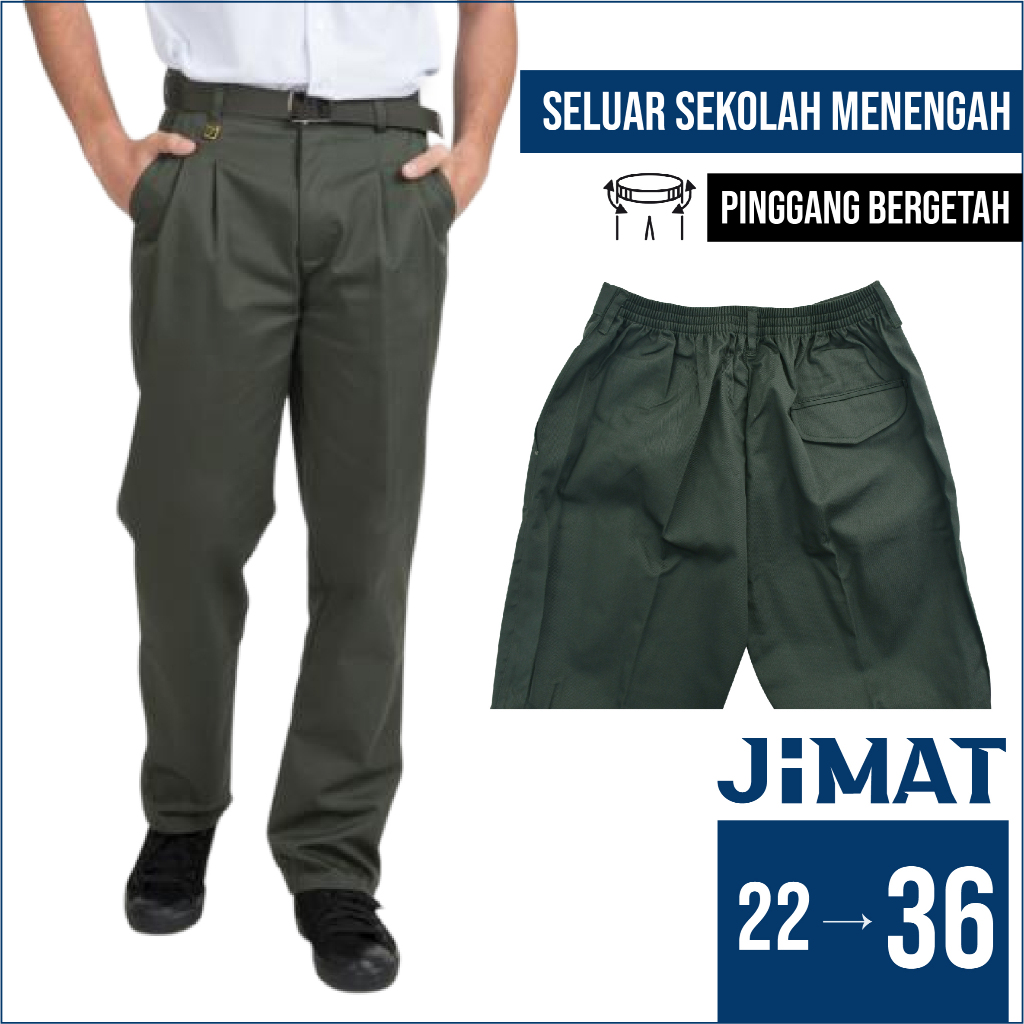 Seluar Sekolah Menengah Hijau Tua Pinggang Bergetah Seluar Panjang ...