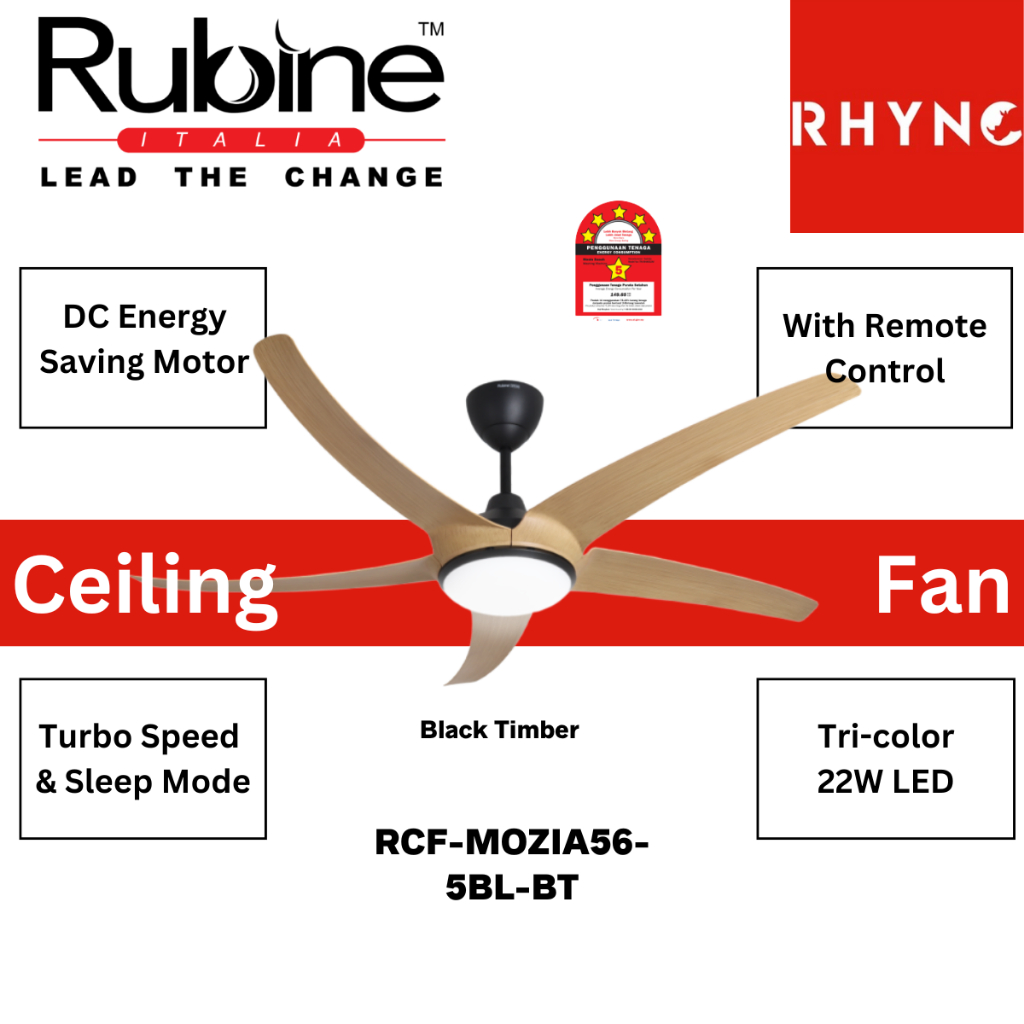 Rubine MOZIA56 Series 56'' Ceiling Fan with LED Light / DC Motor / RCF-MOZIA56-5BL-MB / Elba ECF ...