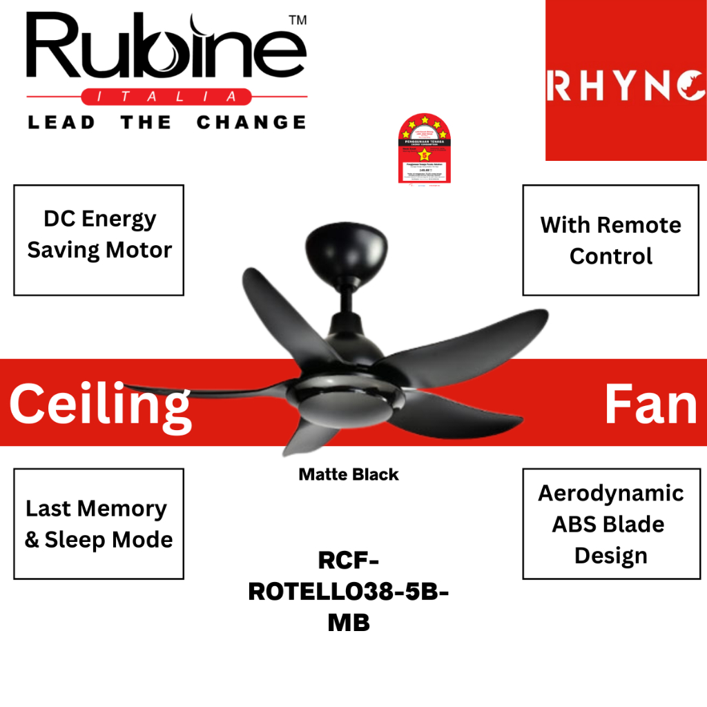 Rubine DC Motor 38" Ceiling Fan / RCF-ROTELLO38-5B-MB | Shopee Malaysia