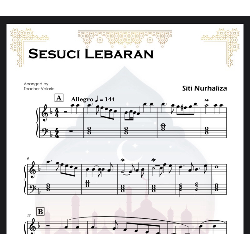 Sesuci Lebaran ~ Siti Nurhaliza | Piano Sheet Music Score with without ...