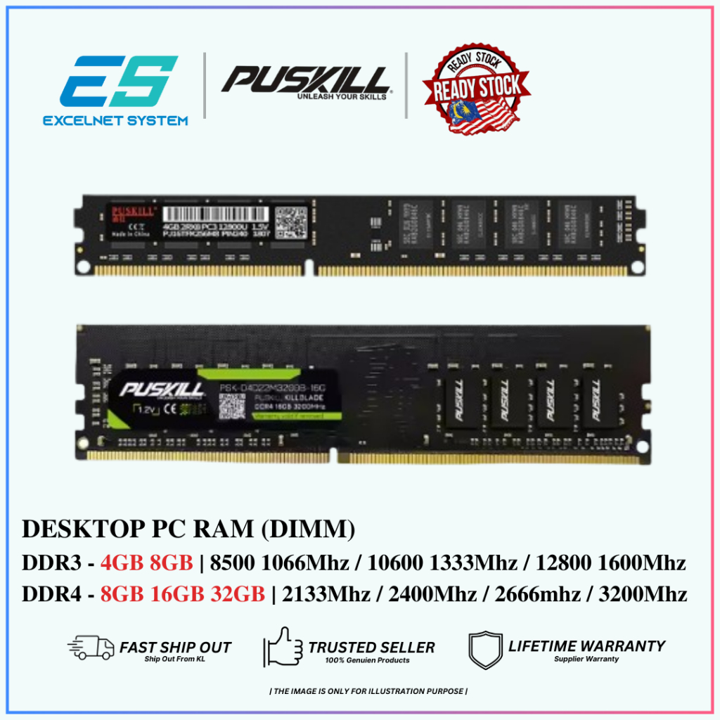 PUSKILL | DDR3 or DDR4 | 4GB/8GB/16GB/32GB | NEW DESKTOP RAM | Shopee ...