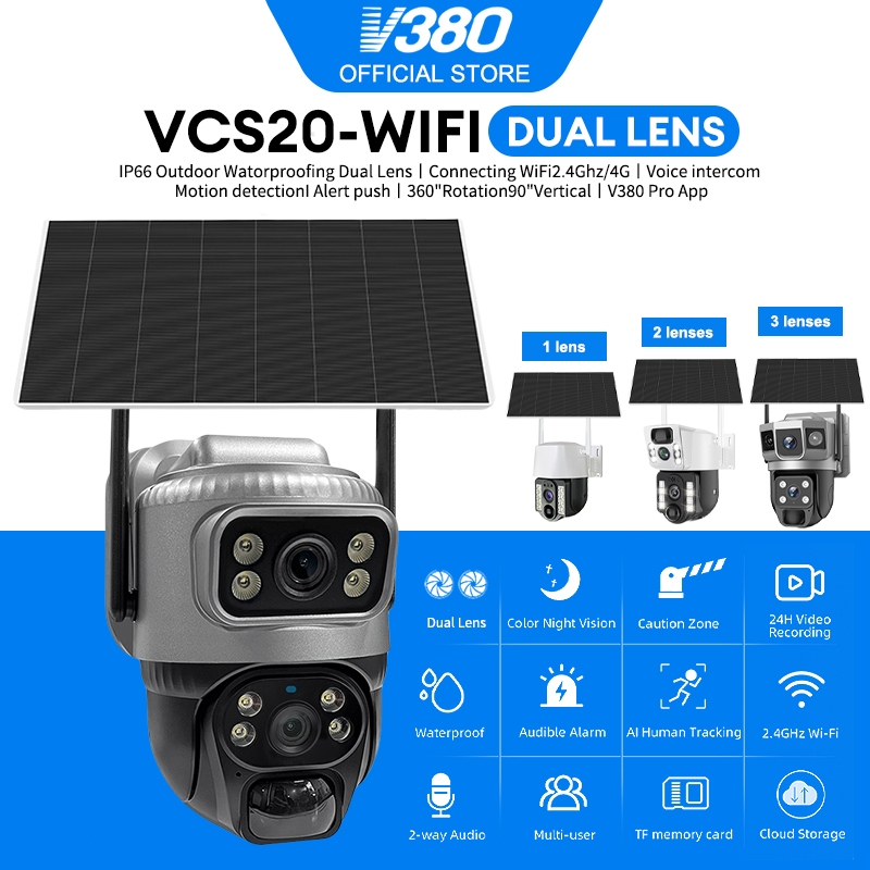 V380 Pro Solar outdoor cctv camera Wireless Dual lens Waterproof 360 ...