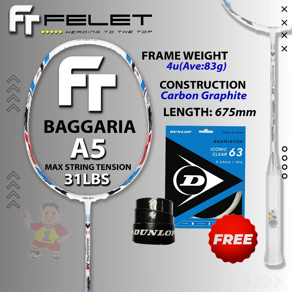 Felet Badminton Racket Baggaria A5 White 4U Max Tension 31 lbs (Free ...