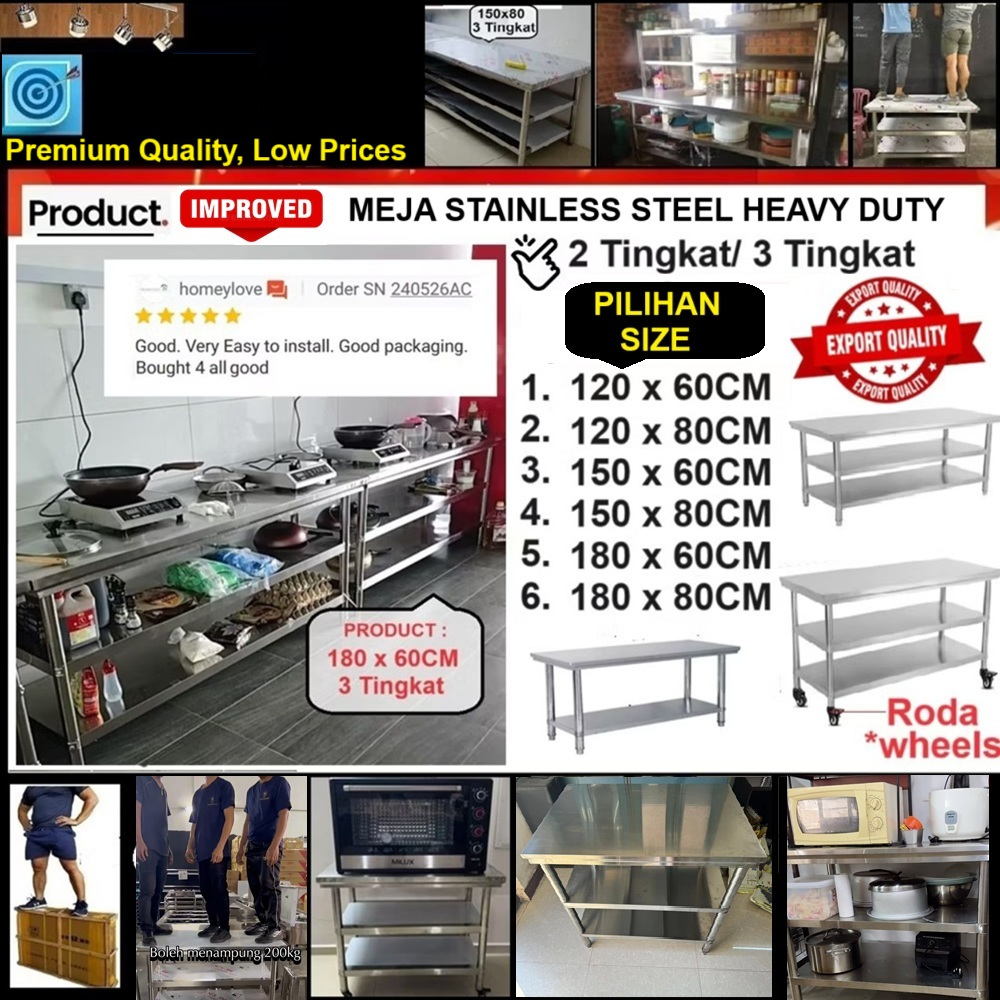 MEJA BUDGET 100/120/150/180CM STAINLESS STEEL WORK TABLE TAHAN BERAT ...