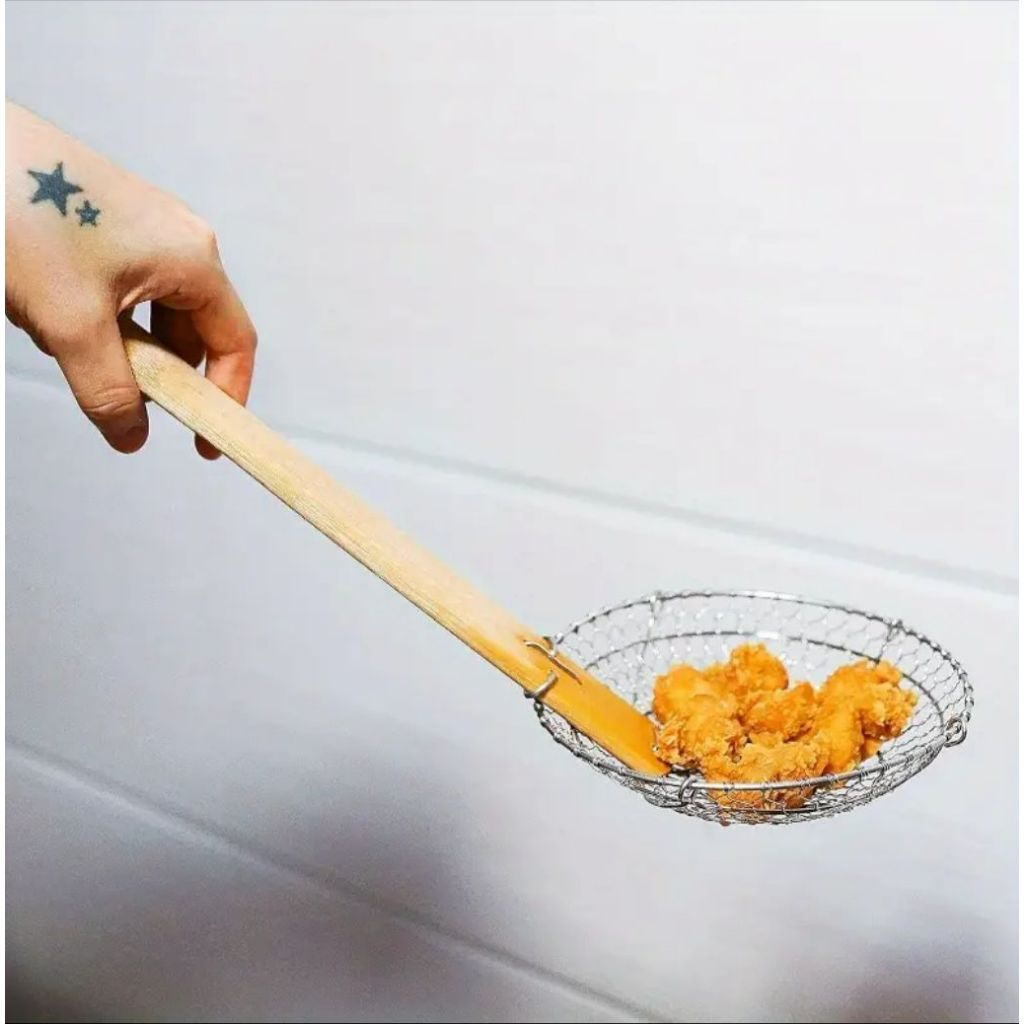 Stainless Steel Frying Oil Strainer Bamboo Handle / Bamboo Skimmer ...