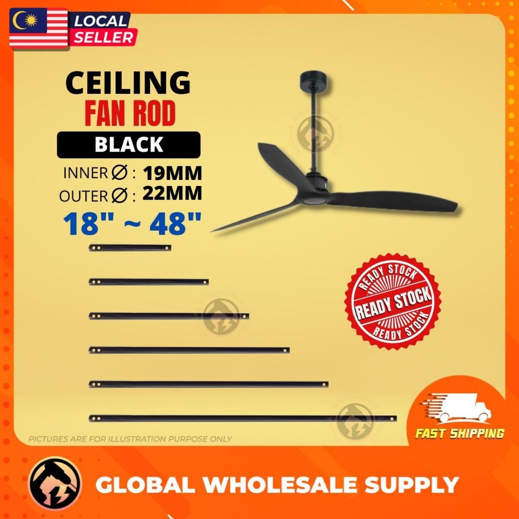 Global Pro BLACK Universal Ceiling Fan Rod Downrod 8",18",24",30",36 ...