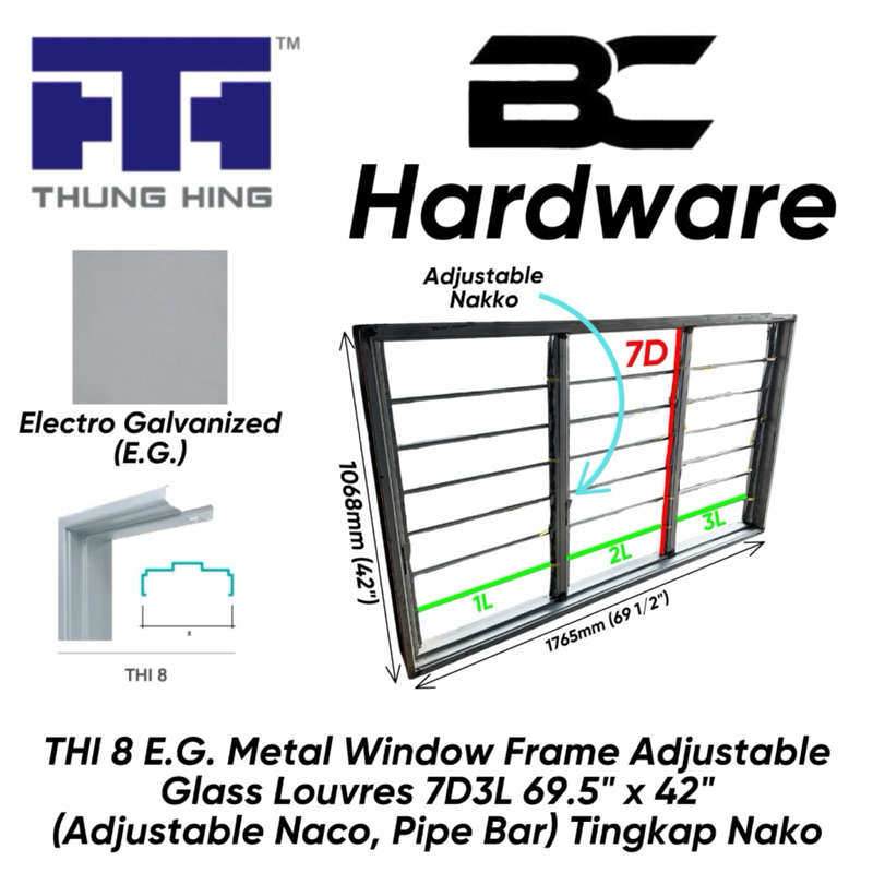 THI 8 E.G. Metal Window Frame Adjustable Glass Louvres 7D3L 69.5" x 42 ...