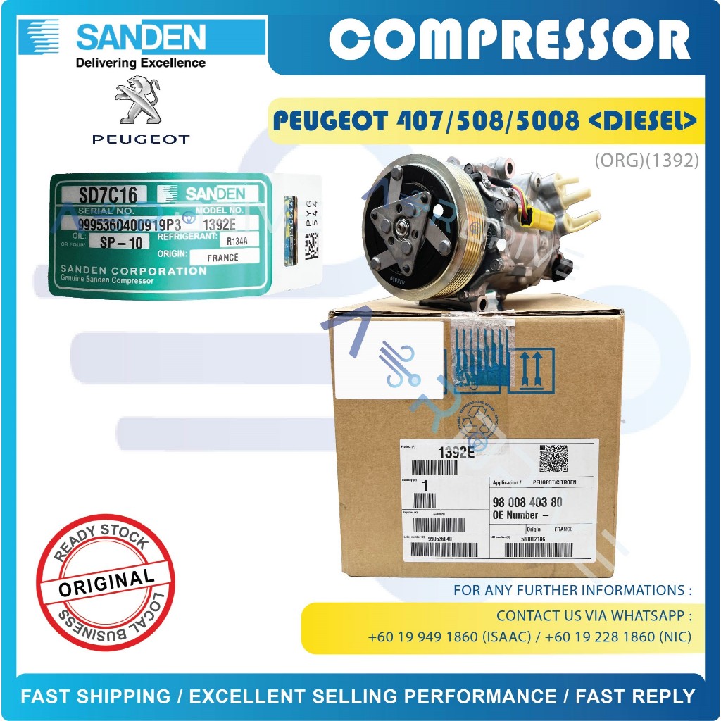 SANDEN ORIGINAL PEUGEOT 407 / 508 / 5008 6PK 7C16 COMPRESSOR ( 1392 ...