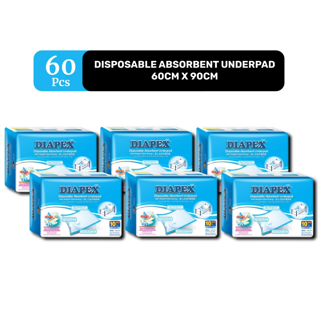 Diapex Disposable Absorbent Underpad 10's (60cm x 90 cm) x 6 Packets ...