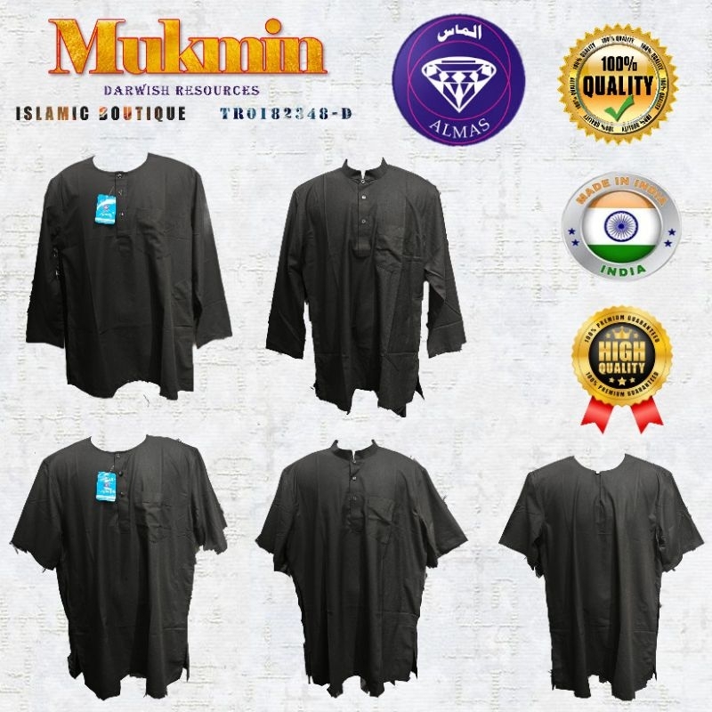 Kurta Hitam Lengan Panjang Pendek Berkolar & Leher Bulat Kain Cotton ...
