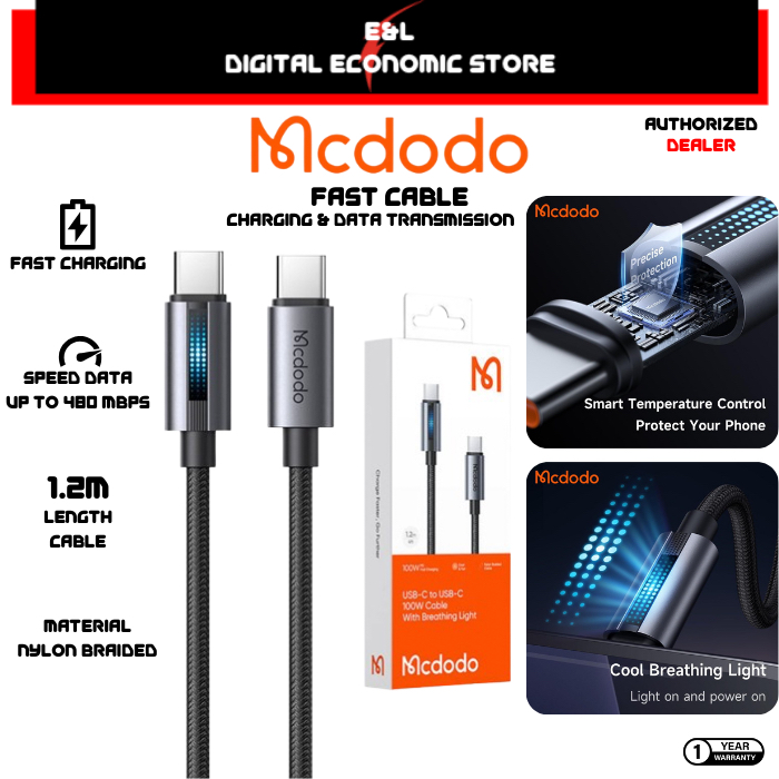 【1Yr Warranty】MCDODO USB A C L Cable With Breathing Light 1.2m Charging & Data Sync CA 5660 5180 ...