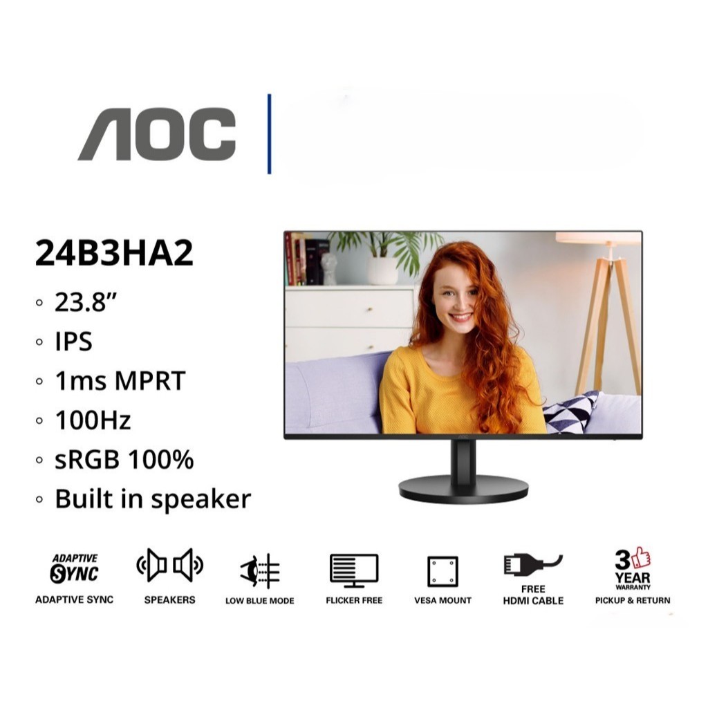 AOC 24B3HA2 23.8" MONITOR (23.8" IPS FHD / 1MS / 100Hz / ADAPTIVE-SYNC ...