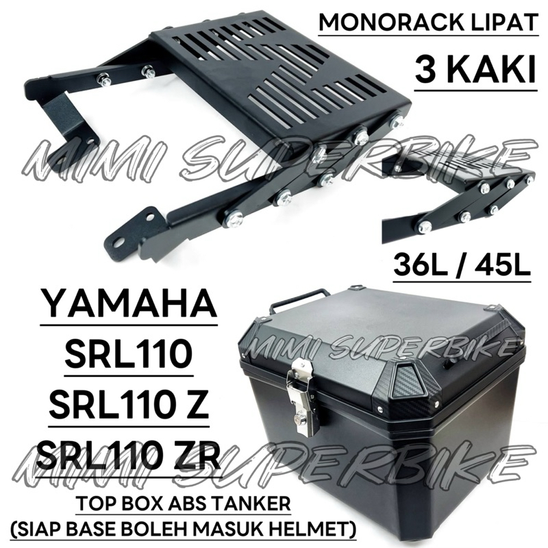YAMAHA SRL110 SRLZ SRLZR MONORACK LIPAT 3 KAKI & TOP BOX TANKER ABS 36L ...