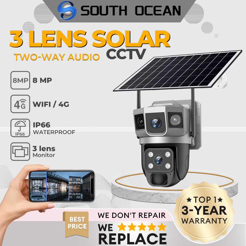 South Ocean 8MP CCTV Solar Outdoor Wireless Three Screen 4G Sim Card ...