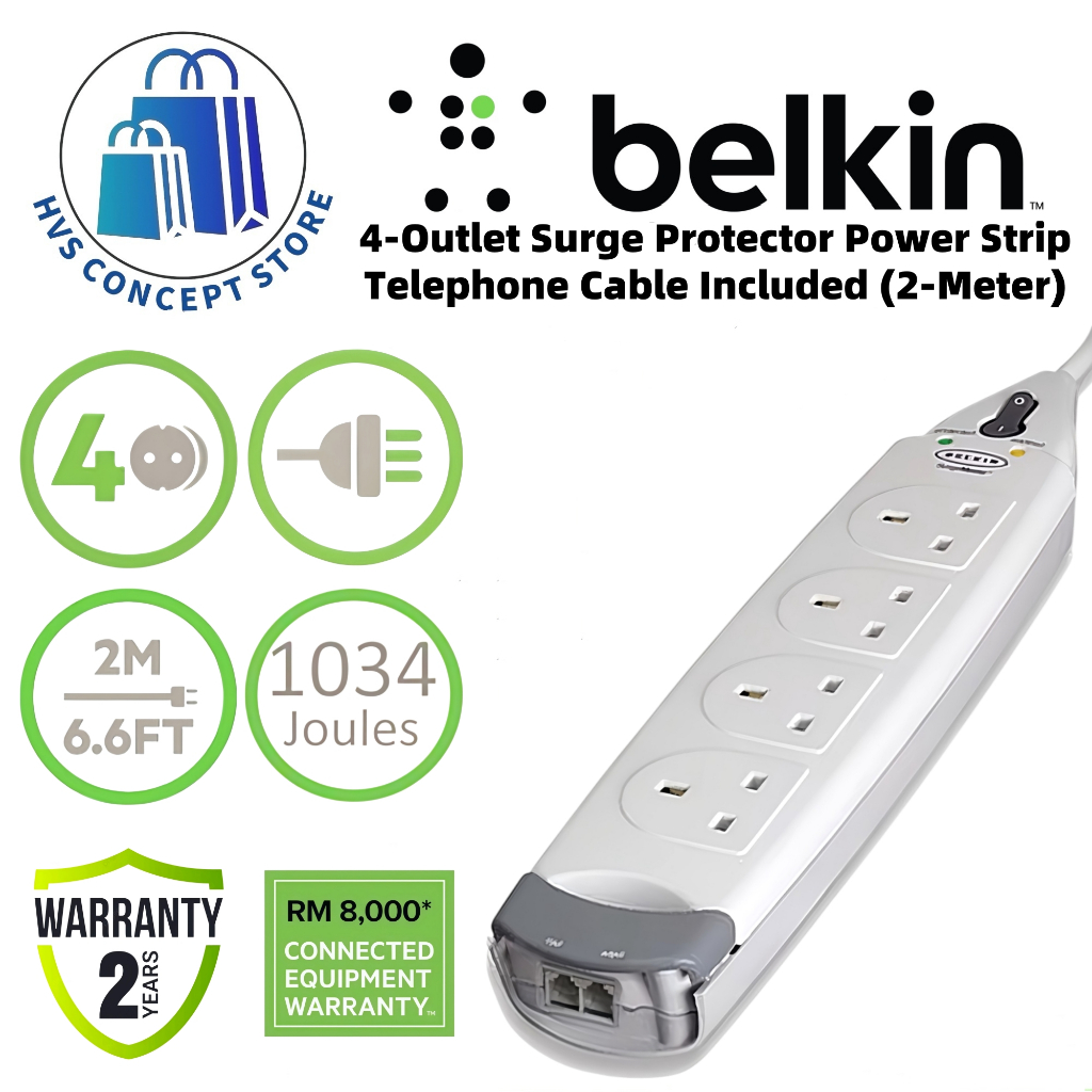 BELKIN 4-OUTLET SURGE PROTECTOR POWER STRIP WITH TELEPHONE PORT (2M ...
