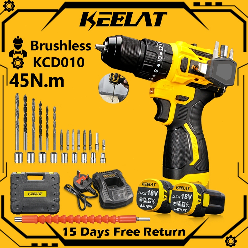 KEELAT KCD010 Brushless Electric Drill Driver 45Nm, 18V Twin Batteries ...