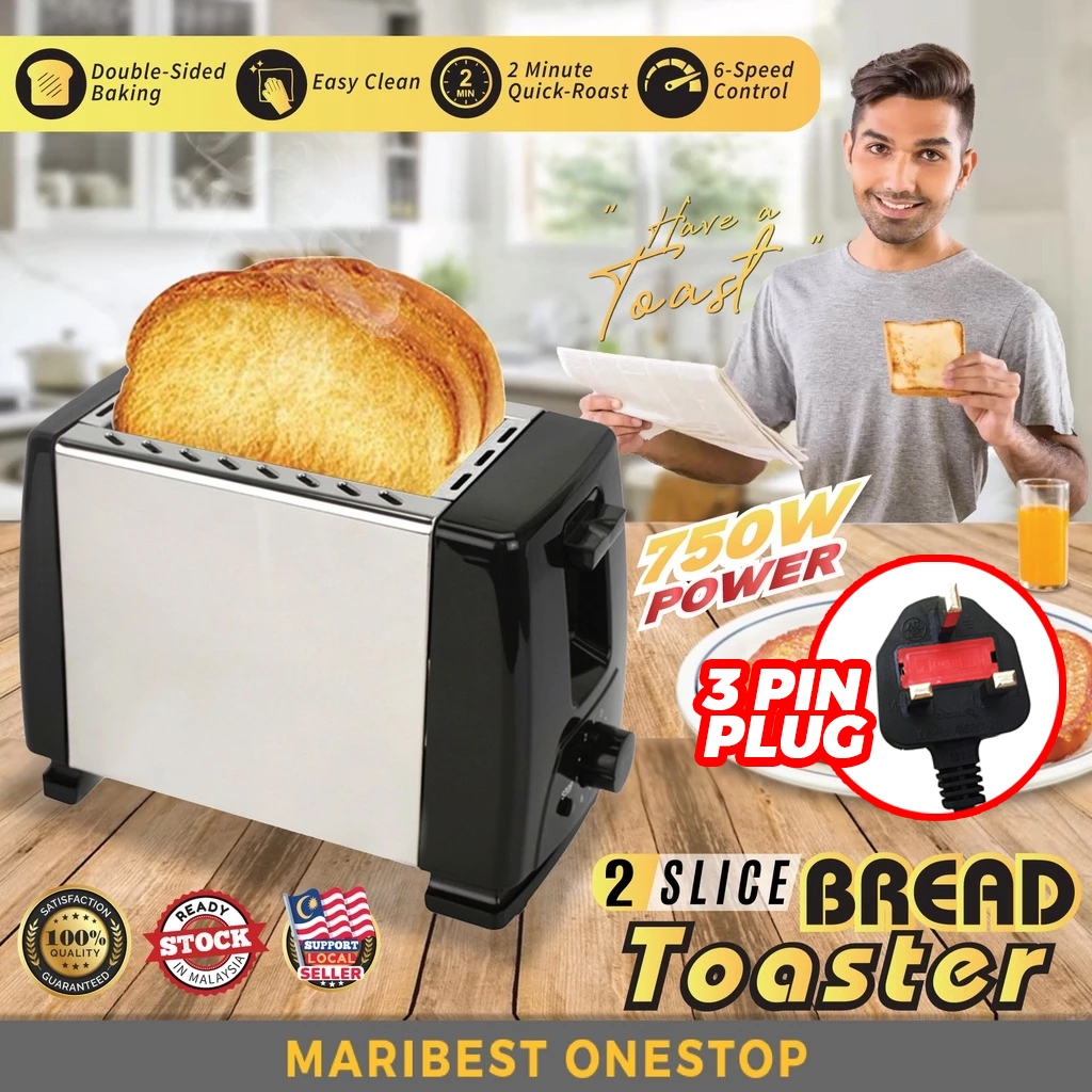 3Pin Plug 2 Slice Bread Toaster Oven Stainless Steel Pembakar Roti ...