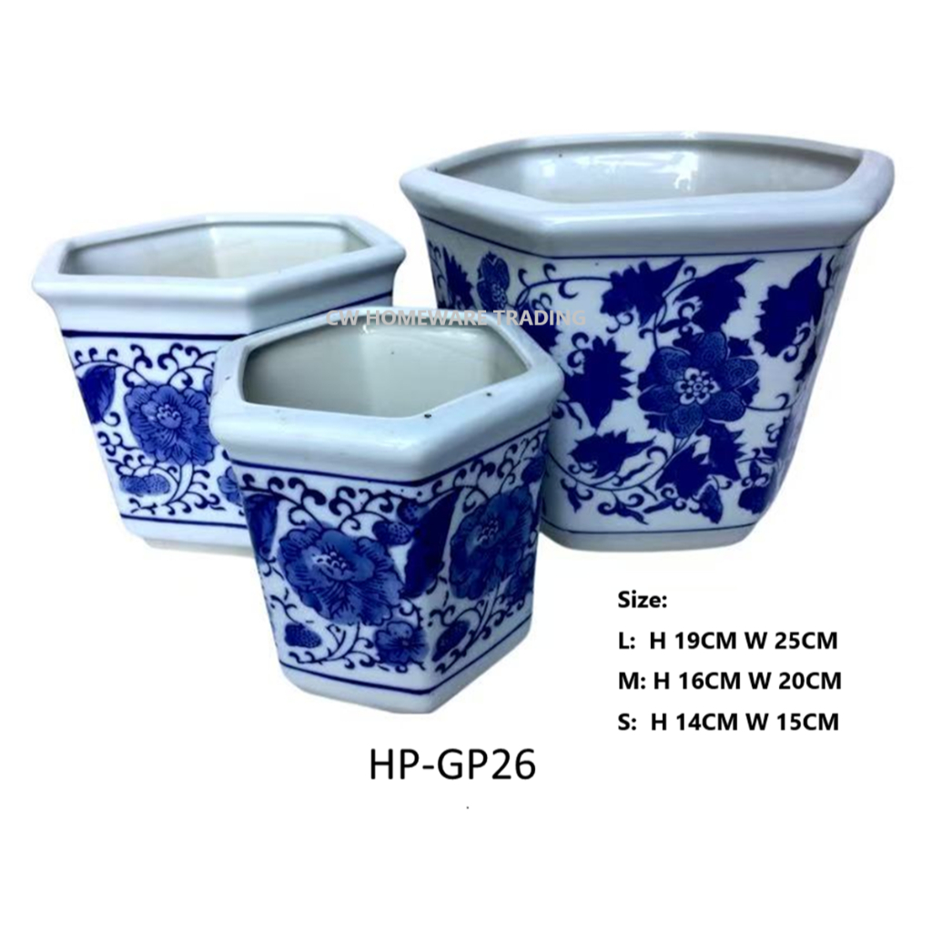 Blue white porcelain Ceramic hexagonus Size Pasu Seramik Segi Enam ...