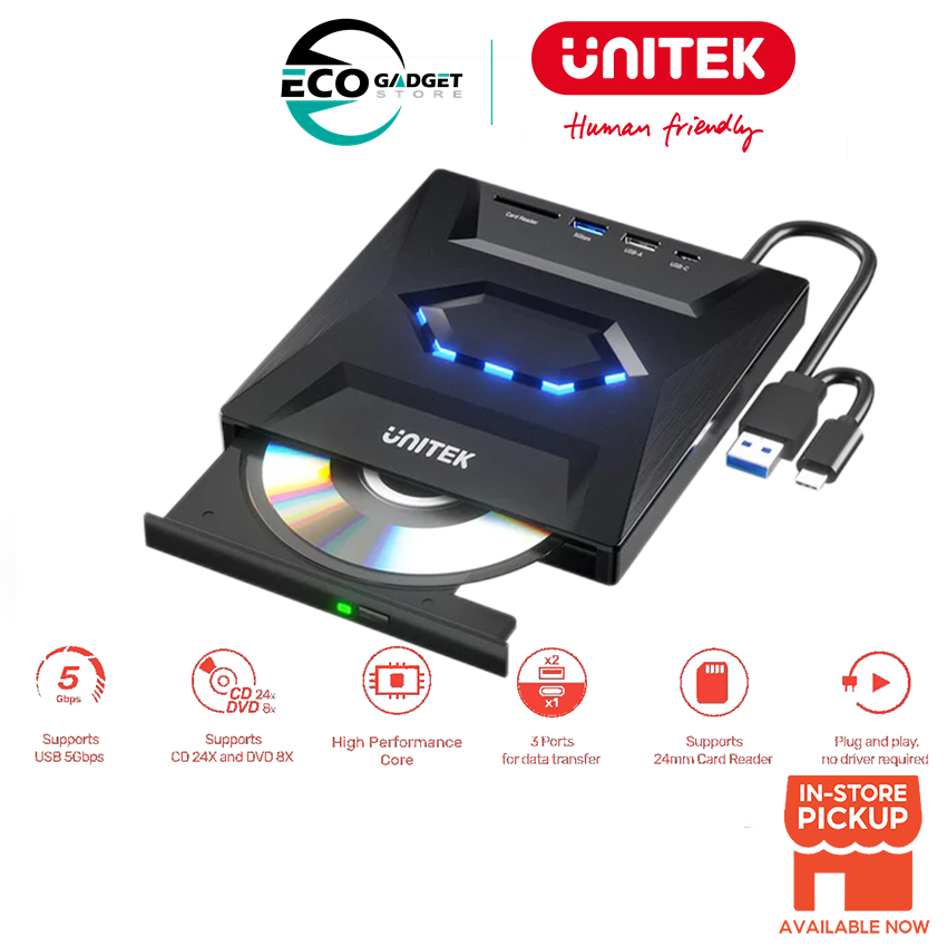 UNITEK 5-in-1 External Optical Drive with USB Hub - CD DVD Drive for Laptop, 5-in-1 USB C with ...
