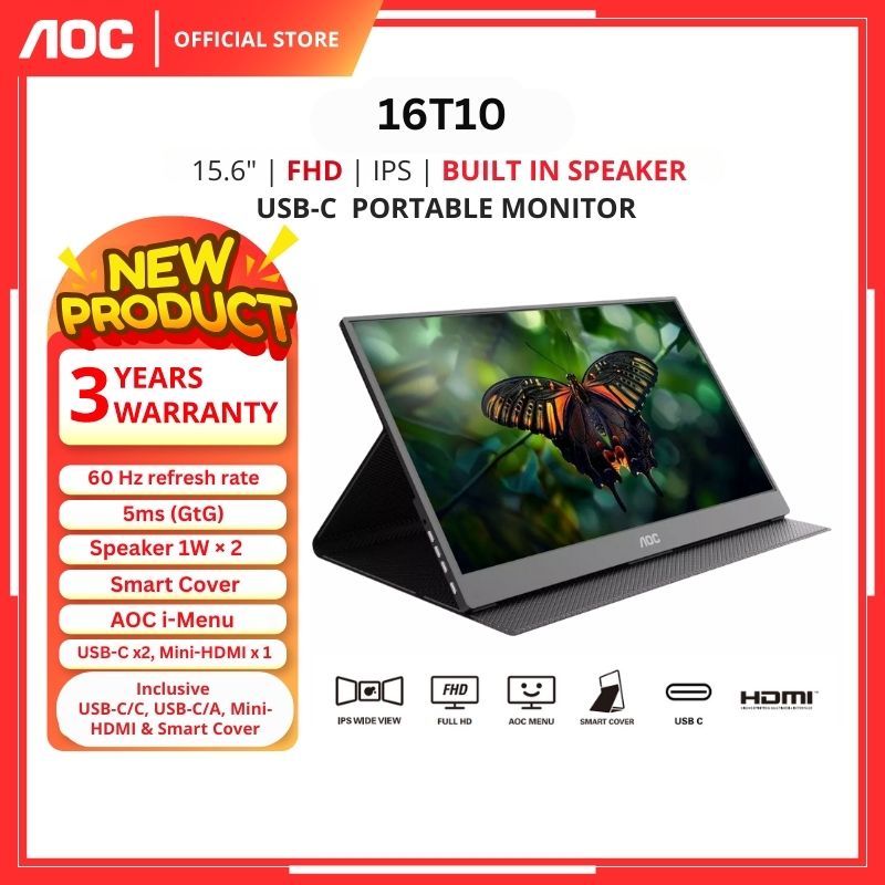 AOC 16T10 15.6" PORTABLE MONITOR (IPS/ FHD/5MS / 60HZ /BUILT IN SPEAKER/USB Type C/Mini HDMI ...