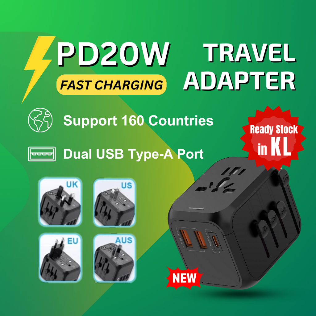 PD20W Universal Adapter USB-A USB-C Travel Plug AC TO DC Adapter Plug ...