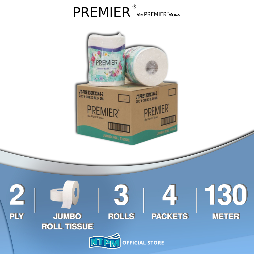 Premier Jumbo Roll Tissue 2 PLY (130M x 3) x 4 pack (Carton) | Shopee ...