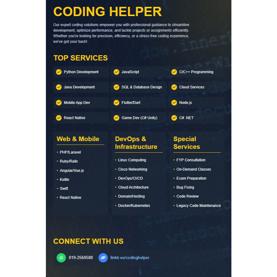 Coding Helper (Web Development/Mobile App/Java/Python/C/C++/Cisco/Unity/Flutter/C#/Angular ...