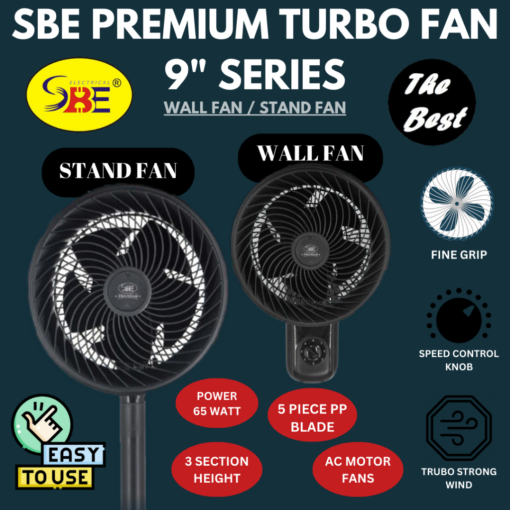 SBE Premium Turbo Fan Wall Fan / Stand Fan 9 Inches Adjustable Height ...