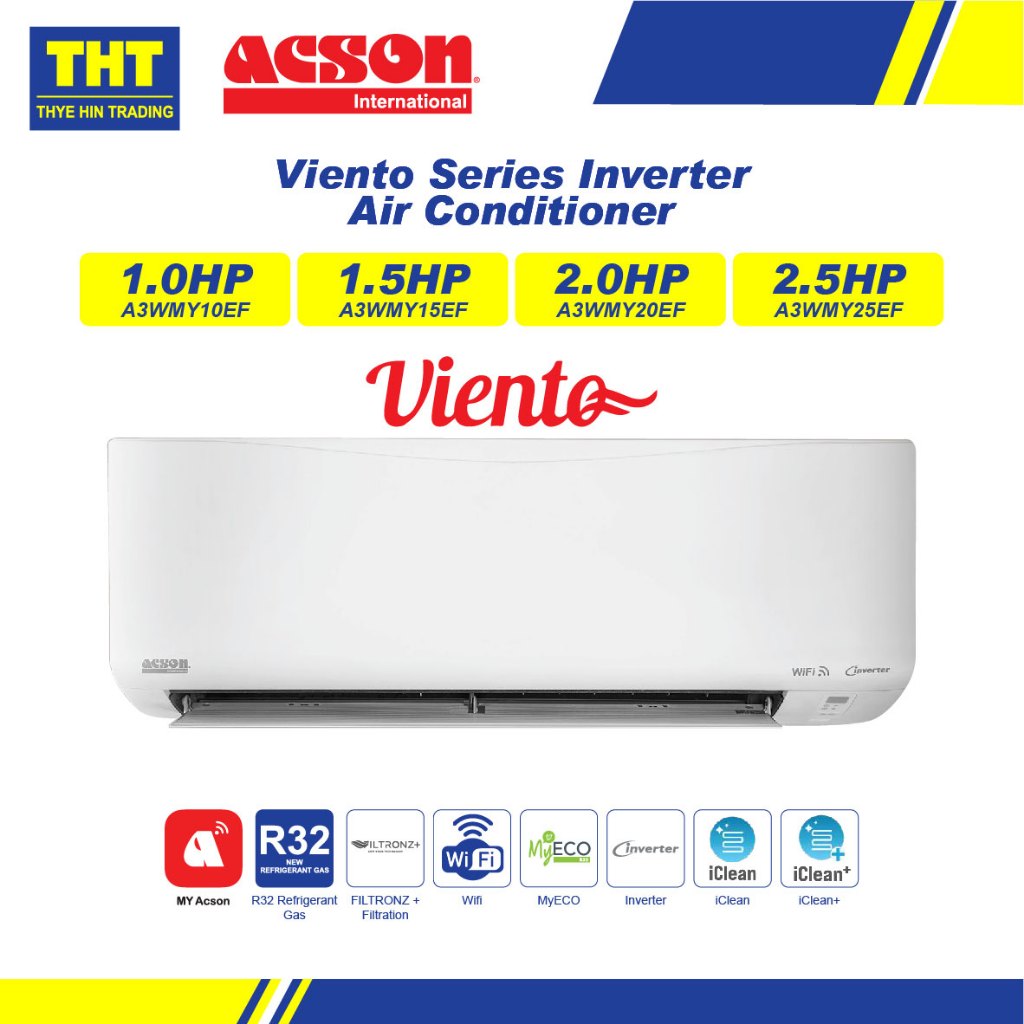 Acson Viento Series 1HP/ 1.5HP/ 2.0HP/ 2.5HP ECO Inverter Air Conditioner R32 (WiFi) A3WMY10EF ...