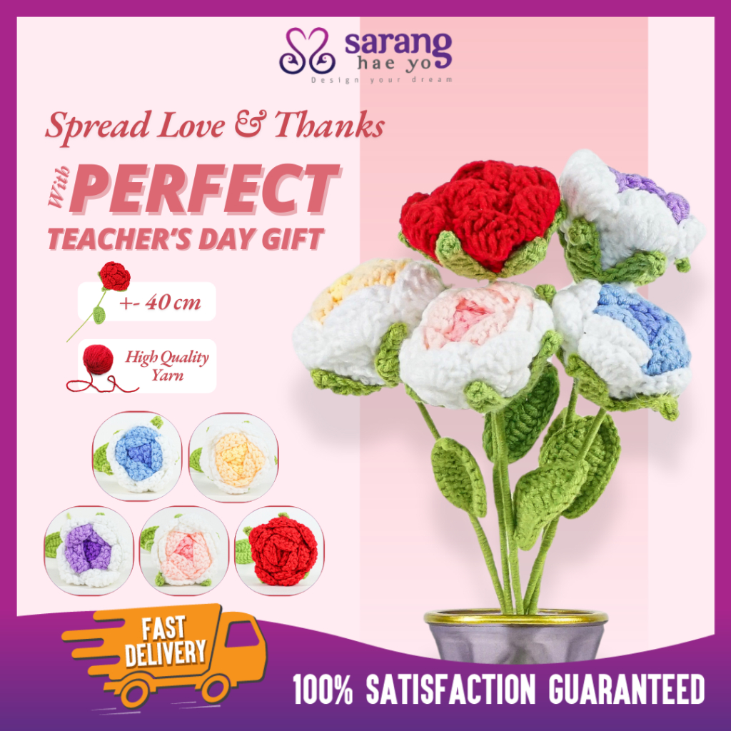 Knitted Crochet Flower Rose Valentine's Day Gift Teacher's Day Mother's ...