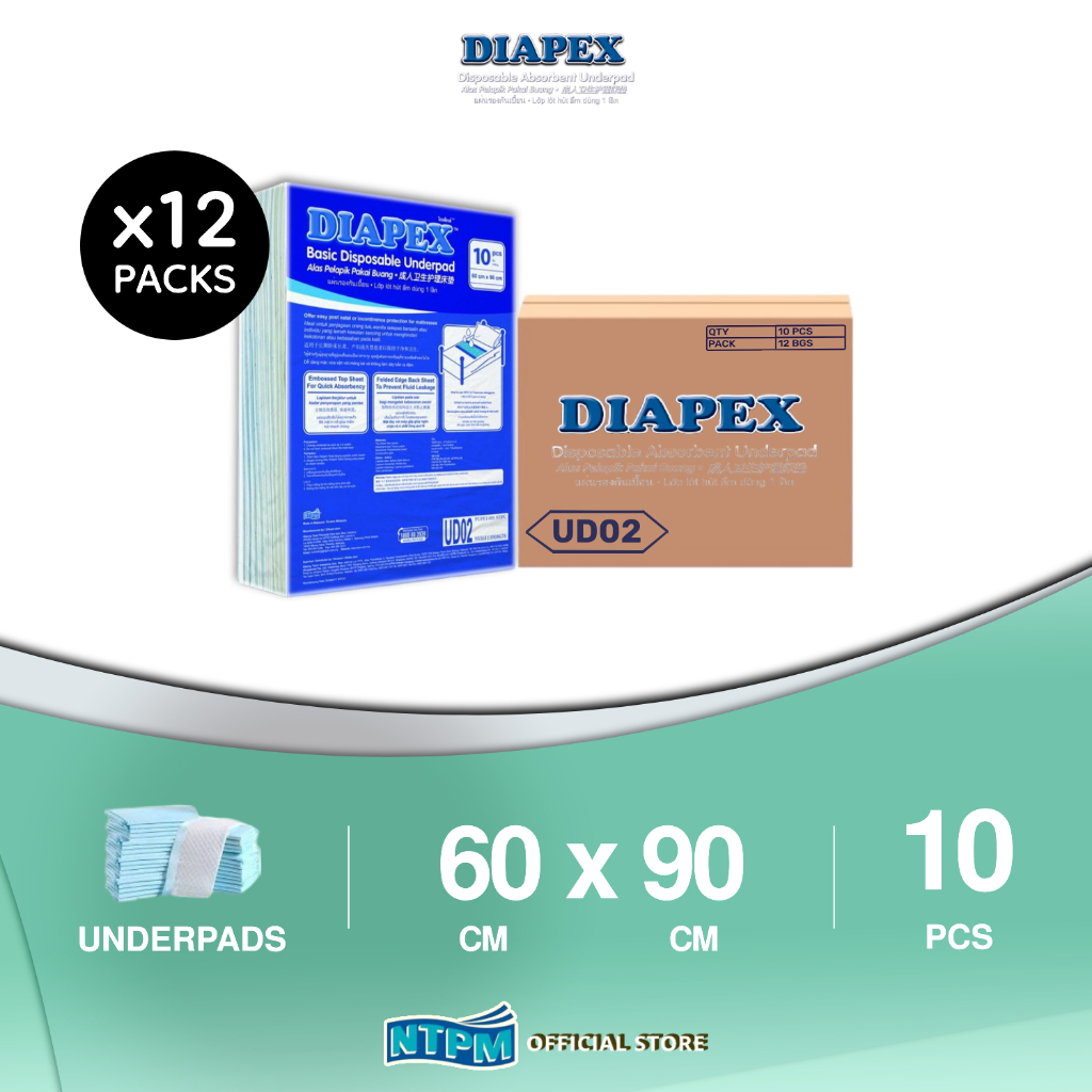 (UD02) Diapex Basic Disposable Underpad 10's (60cm x 90 cm) x 12 ...