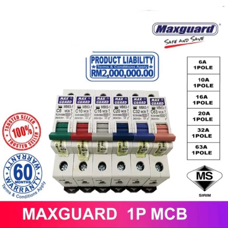 🔥READY STOCK🔥 MAXGUARD MCB 1 POLE 6A 10A 16A 20A 32A 63A ( MINIATURE CIRCUIT BREAKERS) - SIRIM ...
