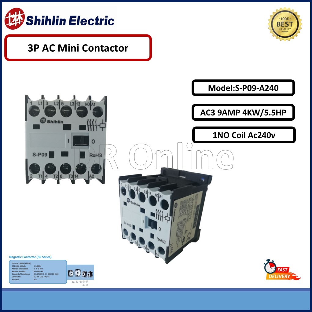 Shihlin Mini Magnetic Contactor 9A 4KW/5.5HP ~ 1NO ~ 240VAC AC-SP ...