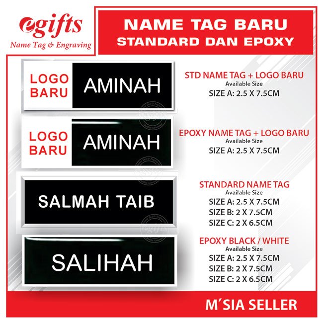 [Beri Nama di Mesej@Chat] Name Tag Hitam Putih Epoxy / Standard Logo ...