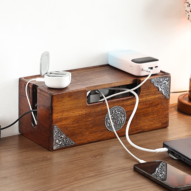 Teak Cable Management Box Hidden Power Strip Storage Box Office Router ...