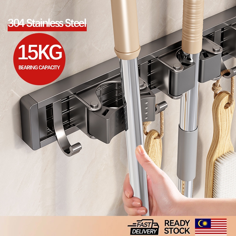 Punch-Free Mop Rack Mop Hooks Wall Mount Mop Holder Organizer 304 ...