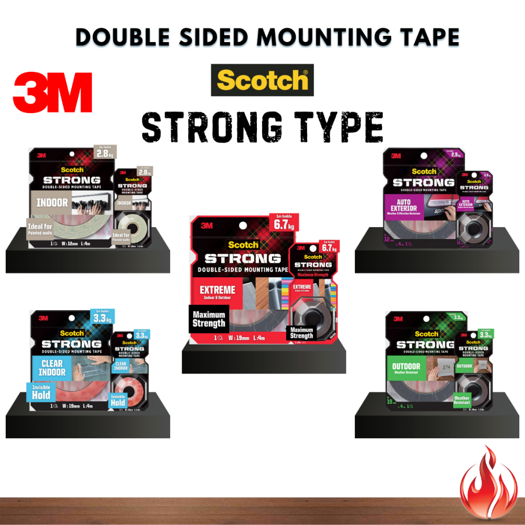3M SCOTCH Strong Double-sided Mounting Tape Clear / Exterior & Auto / Extreme / Indoor / Outdoor ...