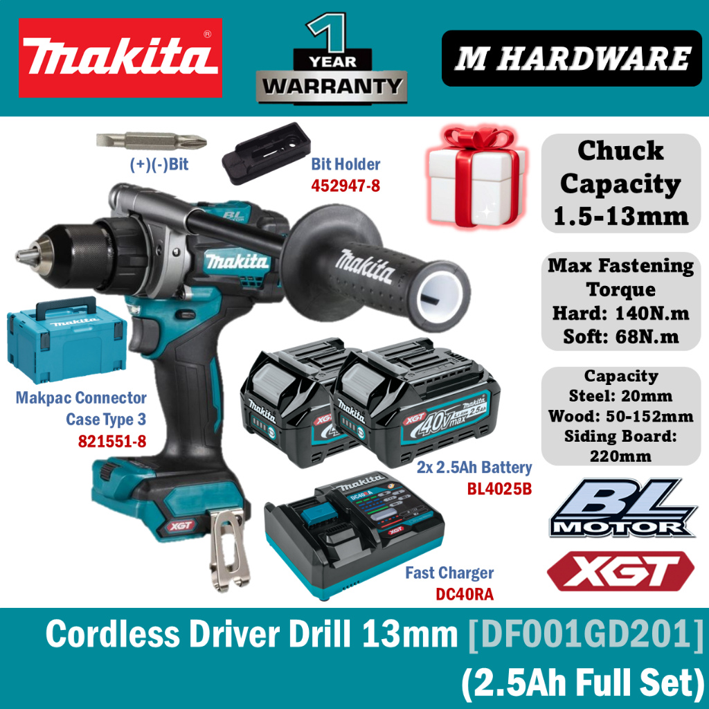 MAKITA 40Vmax Cordless Driver Drill 13mm (1/2") DF001GD201 / DF001GZ ...