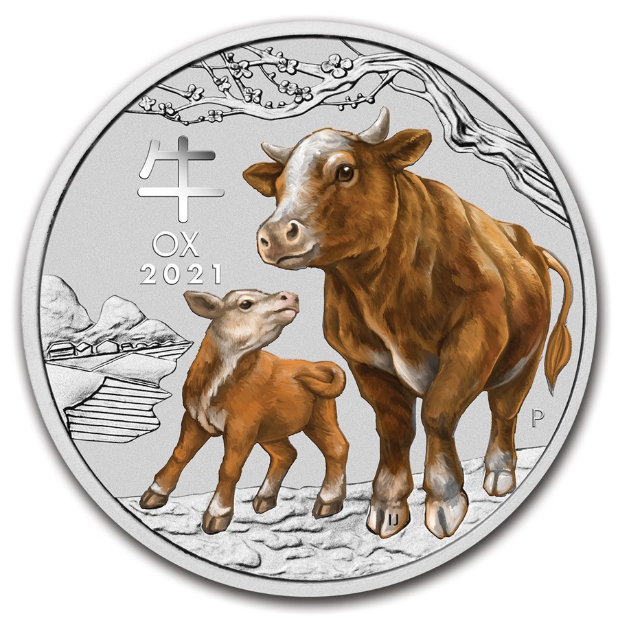 2021 Perth Mint Australia Lunar Ox 1 oz .9999 Silver Colorized Coin BU ...