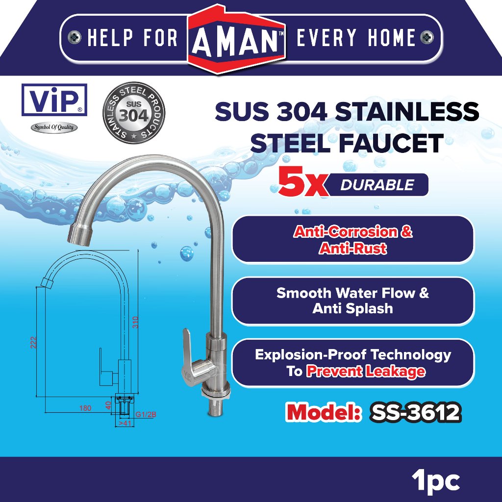 VIP SUS-304 Stainless Steel Pillar Sink Tap Kitchen Sink Tap Basin Tap ...